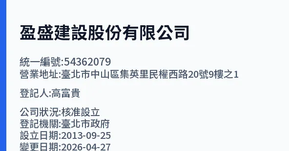 盈盛建設股份有限公司的照片-統編 54362079(臺北市) 公司登記資料與營業項目詳細圖表