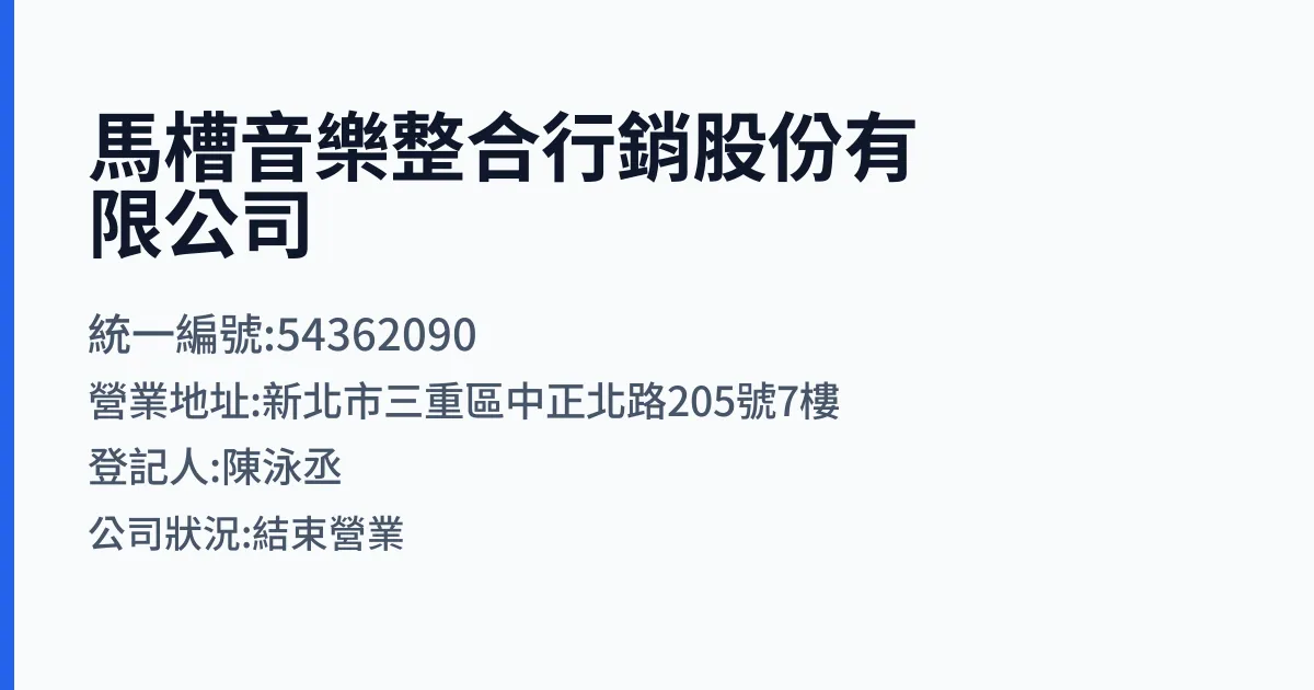 馬槽音樂整合行銷股份有限公司 - 統編 54362090(新北市) 公司登記資料與營業項目詳細圖表