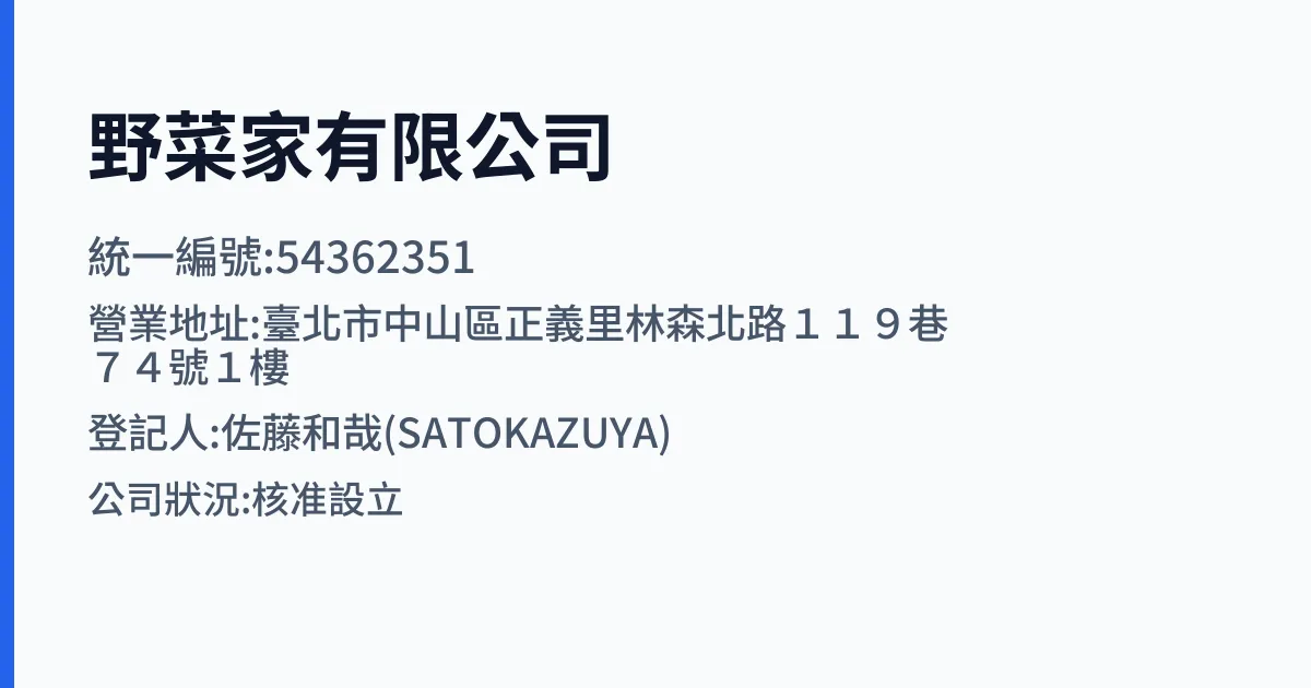 野菜家有限公司 - 統編 54362351(臺北市) 公司登記資料與營業項目詳細圖表