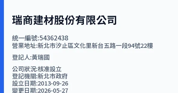 瑞商建材股份有限公司的照片-統編 54362438(新北市) 公司登記資料與營業項目詳細圖表
