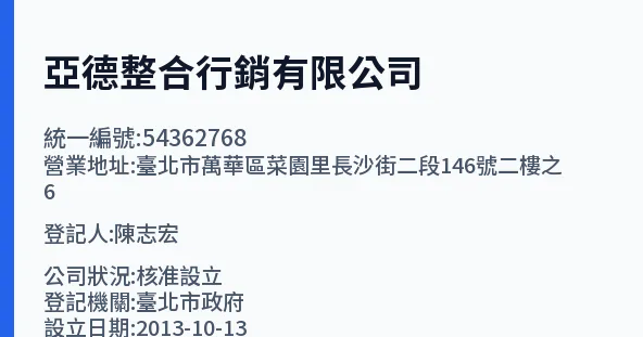 亞德整合行銷有限公司的照片-統編 54362768(臺北市) 公司登記資料與營業項目詳細圖表