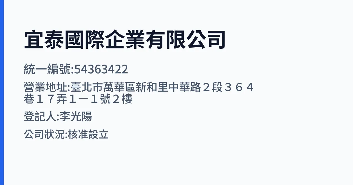 宜泰國際企業有限公司 - 統編 54363422(臺北市) 公司登記資料與營業項目詳細圖表