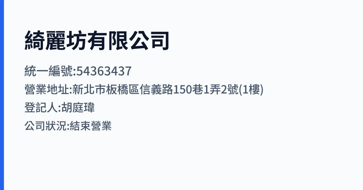 綺麗坊有限公司 - 統編 54363437(新北市) 公司登記資料與營業項目詳細圖表