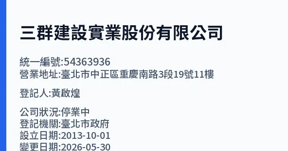 三群建設實業股份有限公司的照片-統編 54363936(臺北市) 公司登記資料與營業項目詳細圖表
