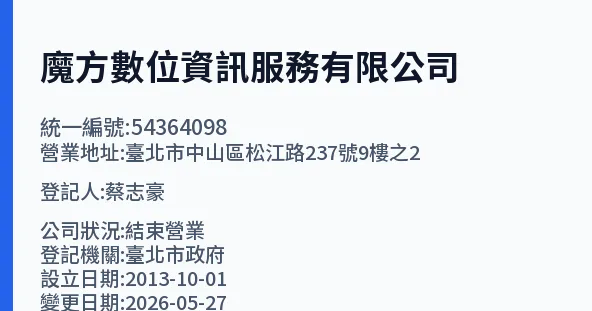 魔方數位資訊服務有限公司的照片-統編 54364098(臺北市) 公司登記資料與營業項目詳細圖表