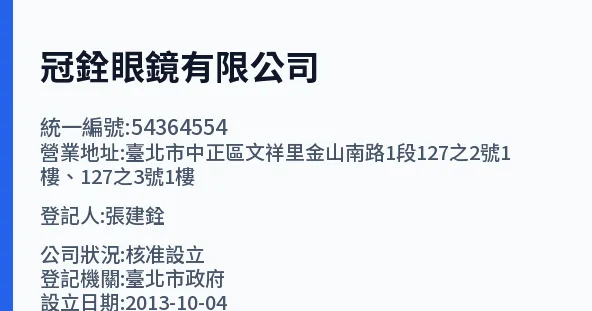 冠銓眼鏡有限公司的照片-統編 54364554(臺北市) 公司登記資料與營業項目詳細圖表