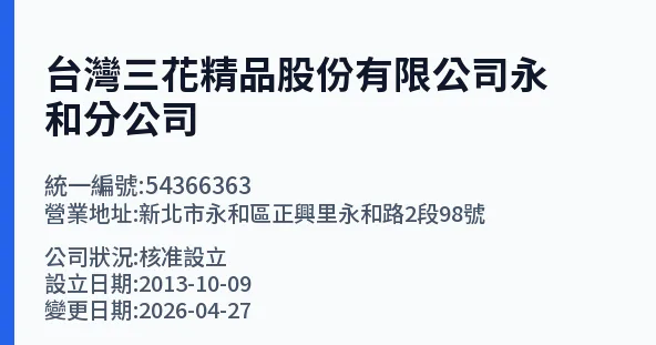 台灣三花精品股份有限公司永和分公司的照片-統編 54366363(新北市) 公司登記資料與營業項目詳細圖表