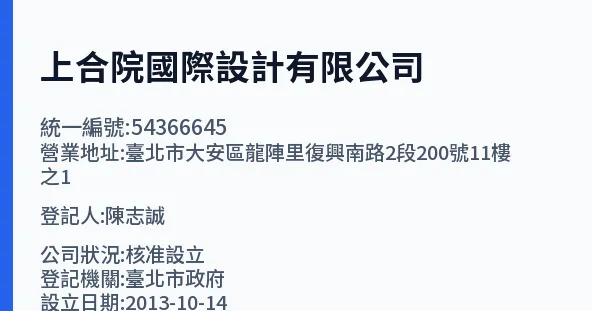 上合院國際設計有限公司的照片-統編 54366645(臺北市) 公司登記資料與營業項目詳細圖表