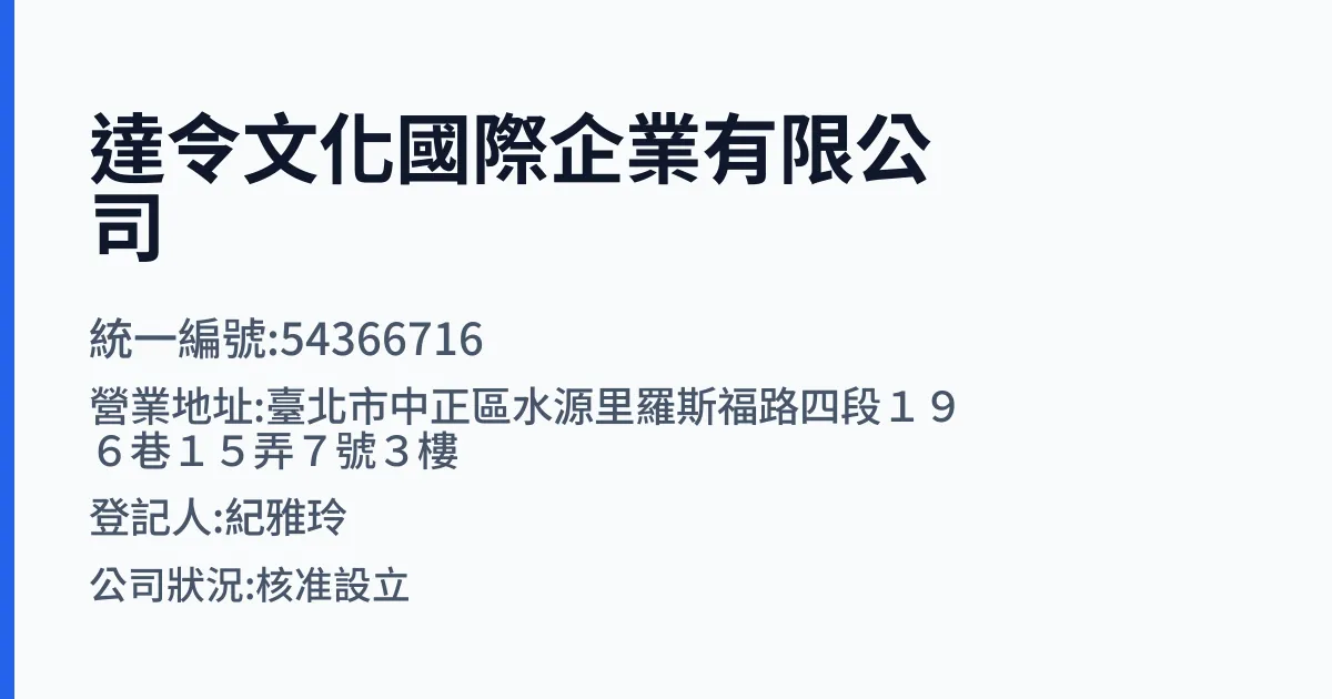 達令文化國際企業有限公司 - 統編 54366716(臺北市) 公司登記資料與營業項目詳細圖表
