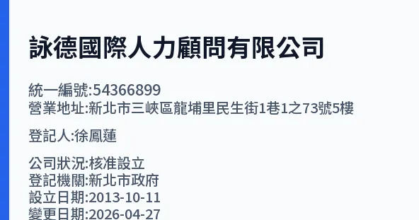 詠德國際人力顧問有限公司的照片-統編 54366899(新北市) 公司登記資料與營業項目詳細圖表