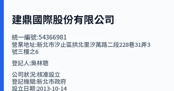 建鼎國際股份有限公司的照片-統編 54366981(新北市) 公司登記資料與營業項目詳細圖表