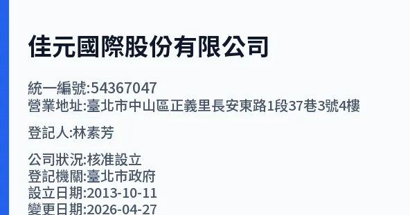 佳元國際股份有限公司的照片-統編 54367047(臺北市) 公司登記資料與營業項目詳細圖表