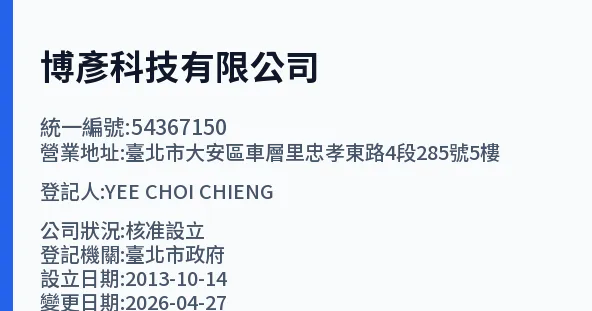 博彥科技有限公司的照片-統編 54367150(臺北市) 公司登記資料與營業項目詳細圖表