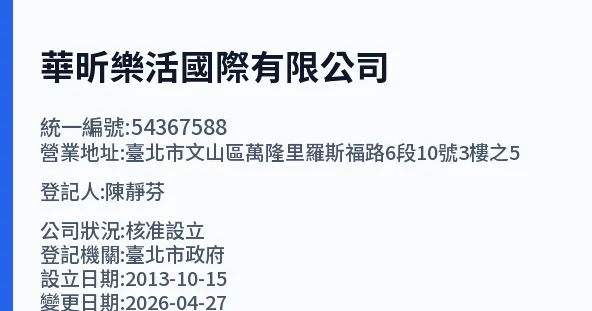 華昕樂活國際有限公司的照片-統編 54367588(臺北市) 公司登記資料與營業項目詳細圖表