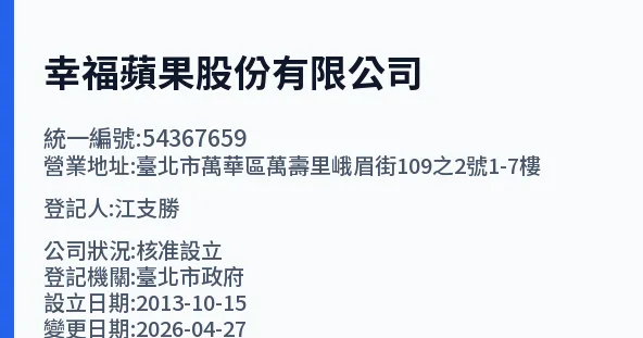 幸福蘋果股份有限公司的照片-統編 54367659(臺北市) 公司登記資料與營業項目詳細圖表