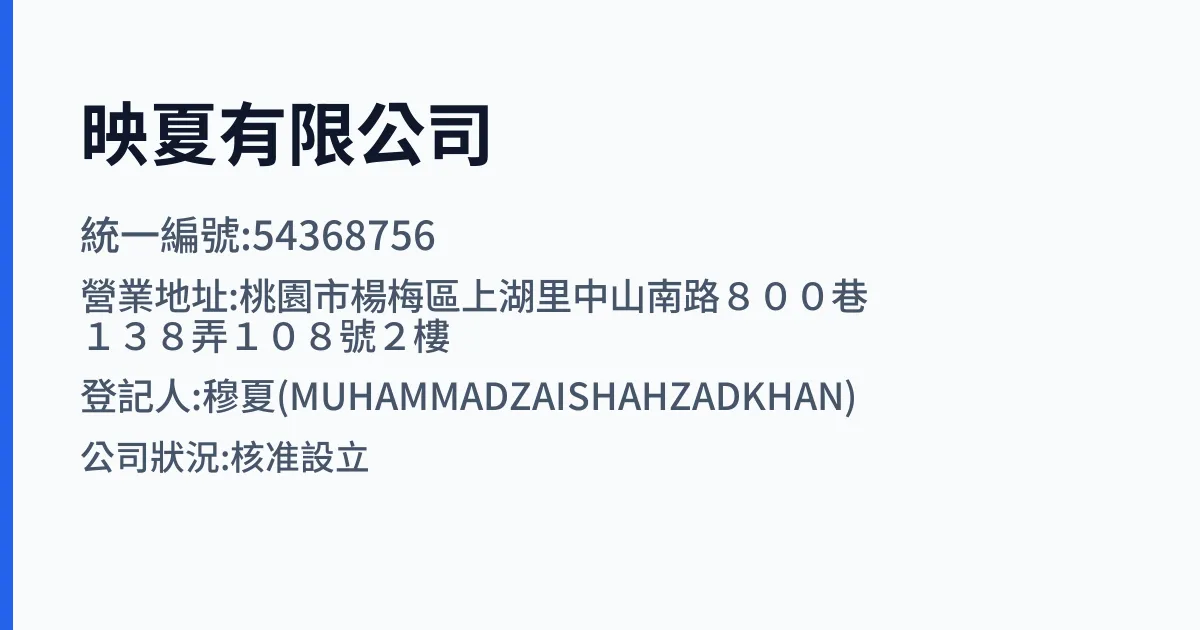 映夏有限公司 - 統編 54368756(桃園市) 公司登記資料與營業項目詳細圖表