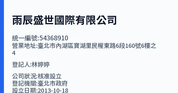 雨辰盛世國際有限公司的照片-統編 54368910(臺北市) 公司登記資料與營業項目詳細圖表