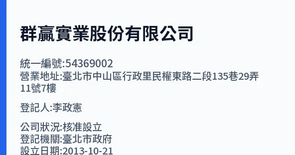 群贏實業股份有限公司的照片-統編 54369002(臺北市) 公司登記資料與營業項目詳細圖表