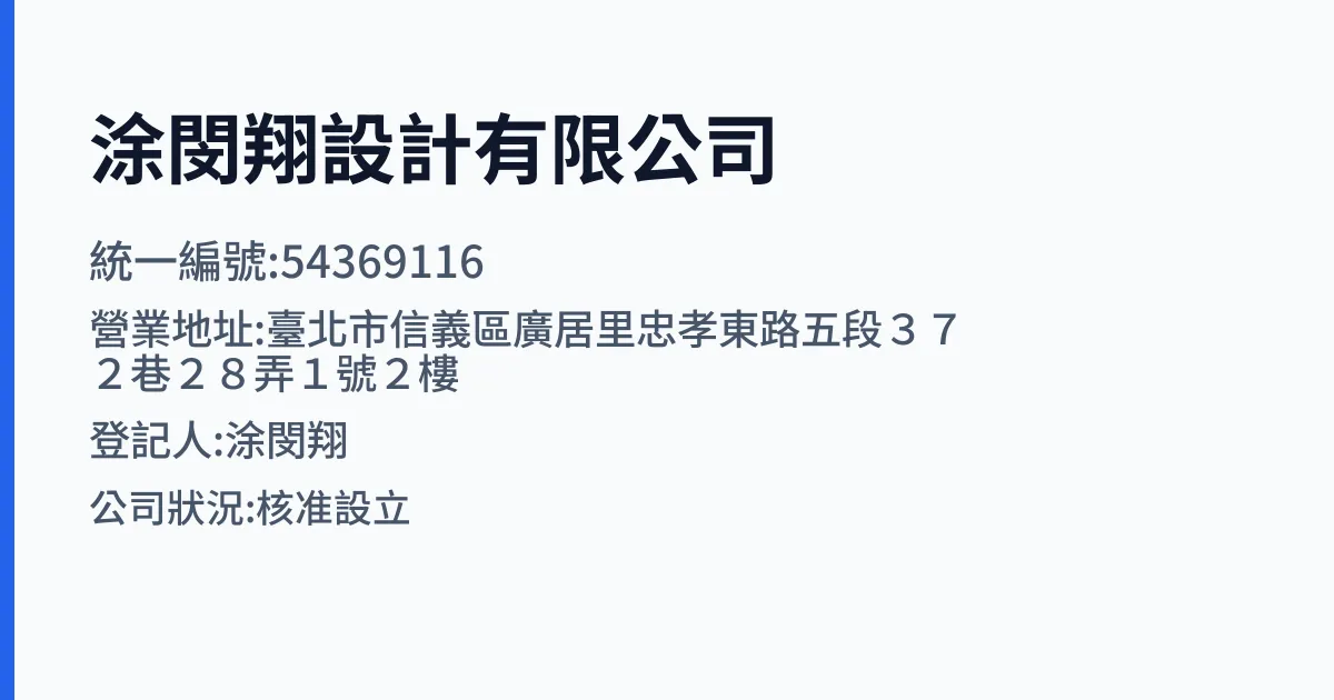 涂閔翔設計有限公司 - 統編 54369116(臺北市) 公司登記資料與營業項目詳細圖表