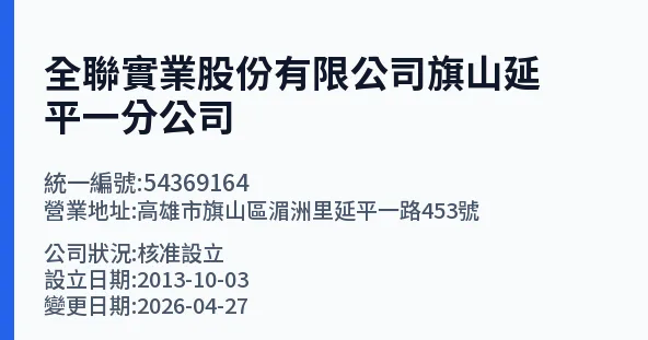 全聯實業股份有限公司旗山延平一分公司的照片-統編 54369164(高雄市) 公司登記資料與營業項目詳細圖表
