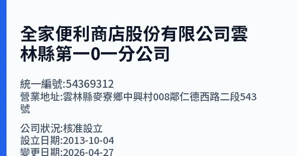 全家便利商店股份有限公司雲林縣第一0一分公司的照片-統編 54369312(雲林縣) 公司登記資料與營業項目詳細圖表