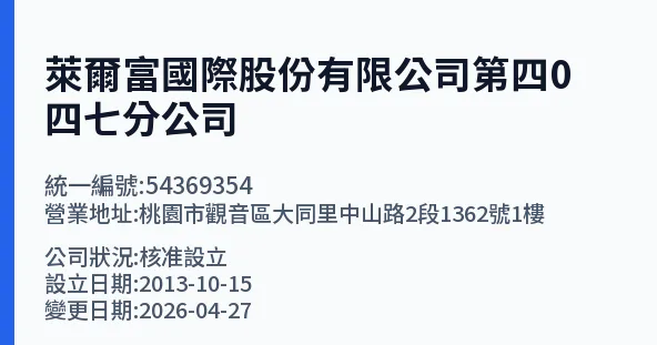 萊爾富國際股份有限公司第四0四七分公司的照片-統編 54369354(桃園市) 公司登記資料與營業項目詳細圖表