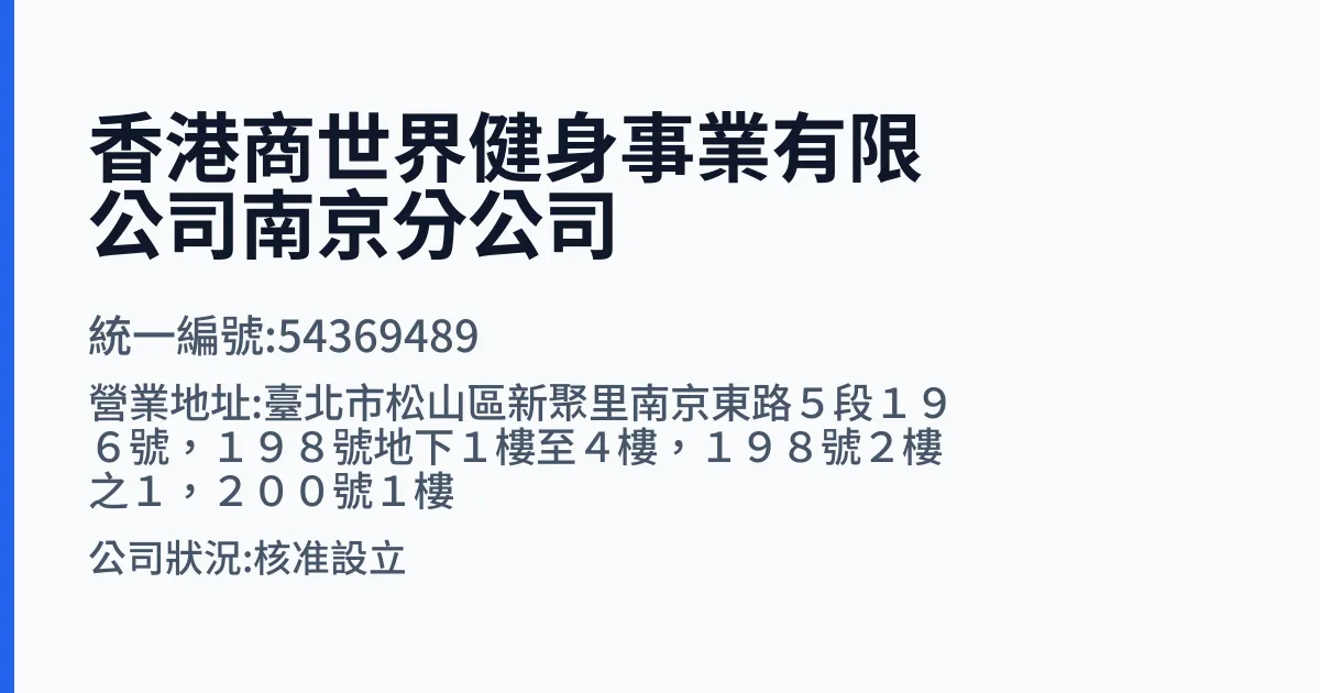 香港商世界健身事業有限公司南京分公司 - 統編 54369489(臺北市) 公司登記資料與營業項目詳細圖表