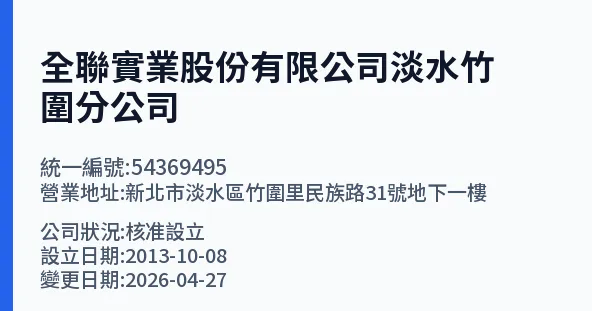 全聯實業股份有限公司淡水竹圍分公司的照片-統編 54369495(新北市) 公司登記資料與營業項目詳細圖表