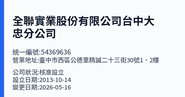 全聯實業股份有限公司台中大忠分公司的照片-統編 54369636(臺中市) 公司登記資料與營業項目詳細圖表