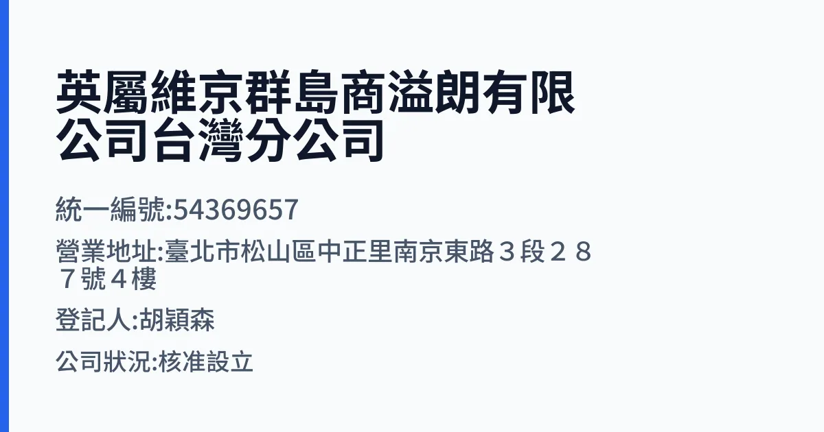 英屬維京群島商溢朗有限公司台灣分公司 - 統編 54369657(臺北市) 公司登記資料與營業項目詳細圖表