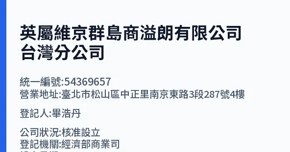 英屬維京群島商溢朗有限公司台灣分公司的照片-統編 54369657(臺北市) 公司登記資料與營業項目詳細圖表
