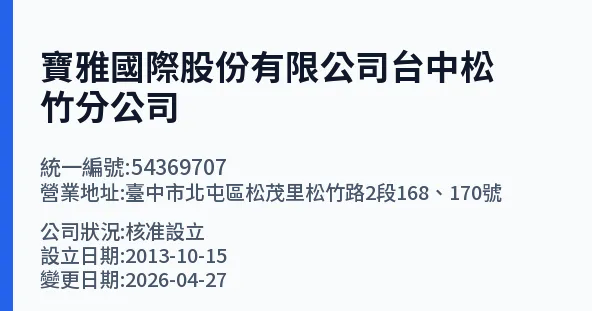 寶雅國際股份有限公司台中松竹分公司的照片-統編 54369707(臺中市) 公司登記資料與營業項目詳細圖表
