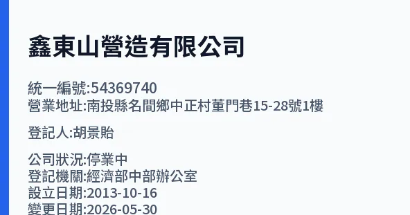 鑫東山營造有限公司的照片-統編 54369740(南投縣) 公司登記資料與營業項目詳細圖表