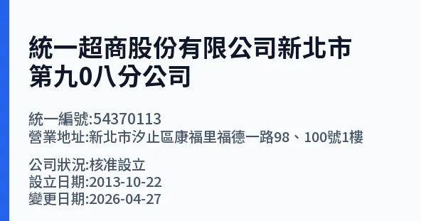 統一超商股份有限公司新北市第九0八分公司的照片-統編 54370113(新北市) 公司登記資料與營業項目詳細圖表