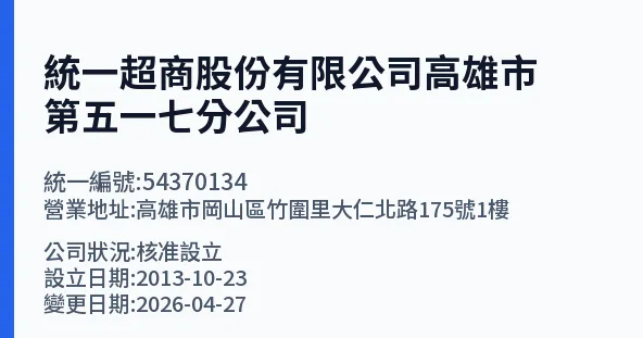 統一超商股份有限公司高雄市第五一七分公司的照片-統編 54370134(高雄市) 公司登記資料與營業項目詳細圖表