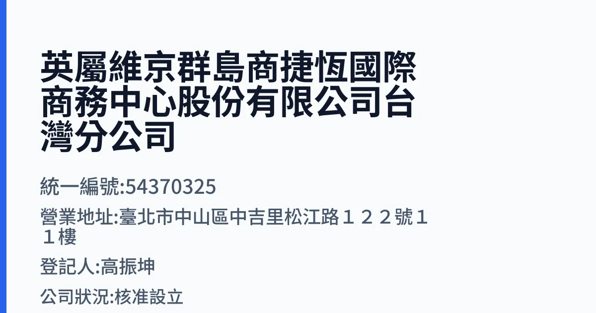 英屬維京群島商捷恆國際商務中心股份有限公司台灣分公司 - 統編 54370325(臺北市) 公司登記資料與營業項目詳細圖表