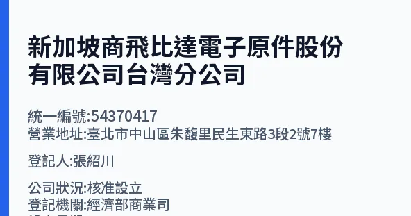 新加坡商飛比達電子原件股份有限公司台灣分公司的照片-統編 54370417(臺北市) 公司登記資料與營業項目詳細圖表