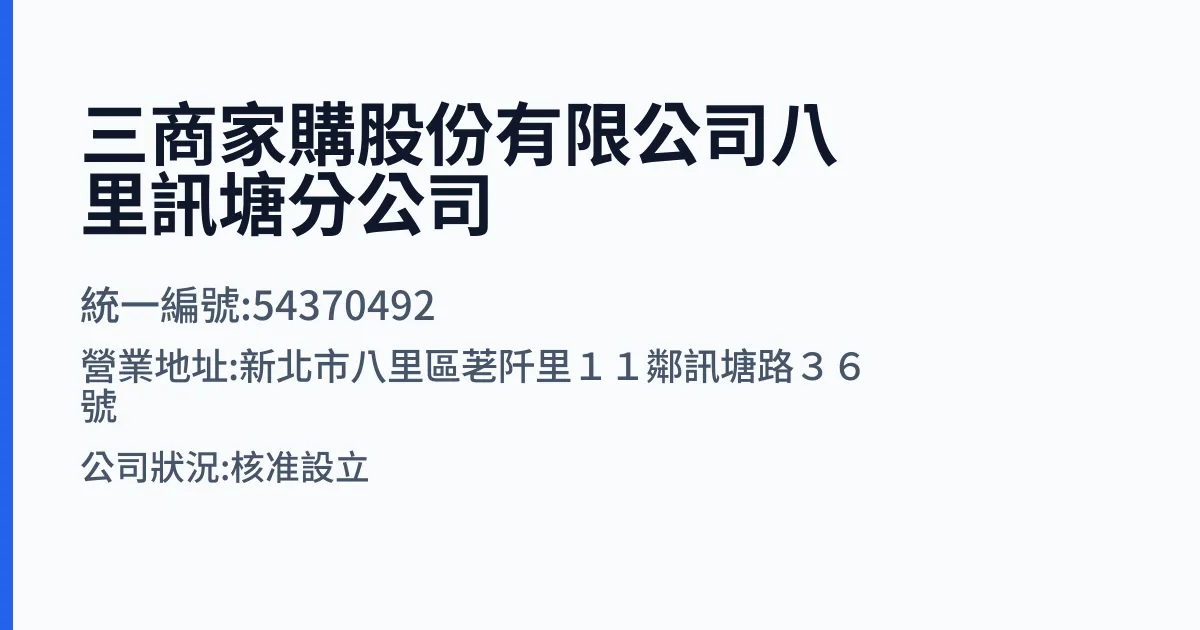 三商家購股份有限公司八里訊塘分公司 - 統編 54370492(新北市) 公司登記資料與營業項目詳細圖表