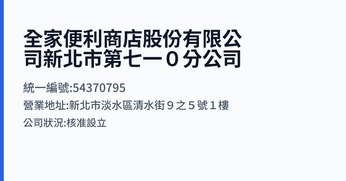 全家便利商店股份有限公司新北市第七一０分公司 - 統編 54370795(新北市) 公司登記資料與營業項目詳細圖表
