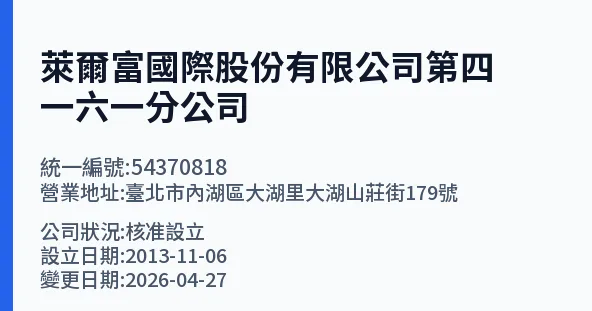 萊爾富國際股份有限公司第四一六一分公司的照片-統編 54370818(臺北市) 公司登記資料與營業項目詳細圖表
