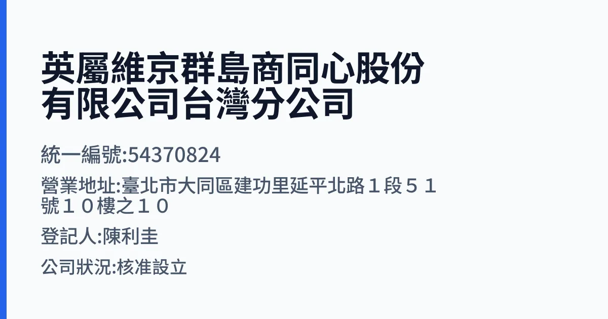 英屬維京群島商同心股份有限公司台灣分公司 - 統編 54370824(臺北市) 公司登記資料與營業項目詳細圖表