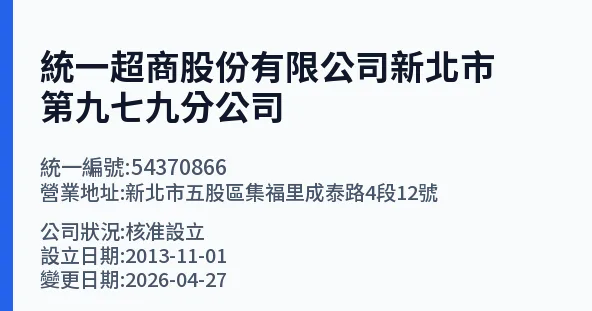 統一超商股份有限公司新北市第九七九分公司的照片-統編 54370866(新北市) 公司登記資料與營業項目詳細圖表
