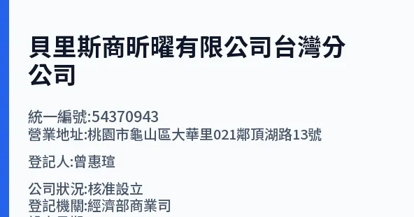 貝里斯商昕曜有限公司台灣分公司的照片-統編 54370943(桃園市) 公司登記資料與營業項目詳細圖表