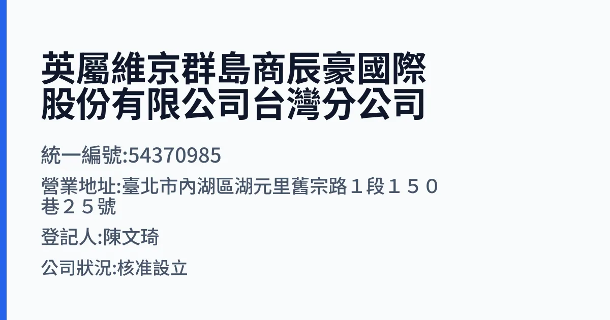 英屬維京群島商辰豪國際股份有限公司台灣分公司 - 統編 54370985(臺北市) 公司登記資料與營業項目詳細圖表
