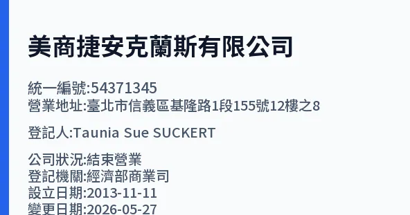 美商捷安克蘭斯有限公司的照片-統編 54371345(臺北市) 公司登記資料與營業項目詳細圖表