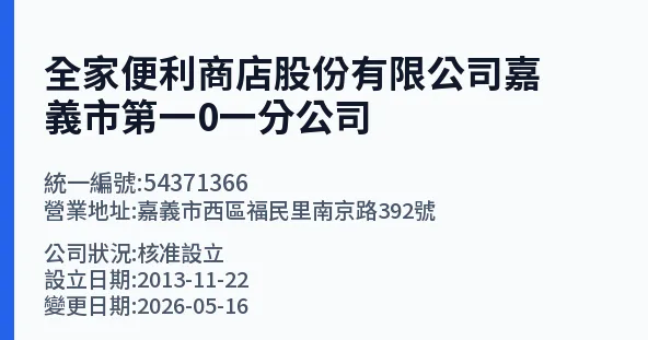 全家便利商店股份有限公司嘉義市第一0一分公司的照片-統編 54371366(嘉義市) 公司登記資料與營業項目詳細圖表
