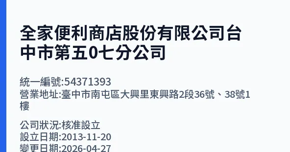 全家便利商店股份有限公司台中市第五0七分公司的照片-統編 54371393(臺中市) 公司登記資料與營業項目詳細圖表