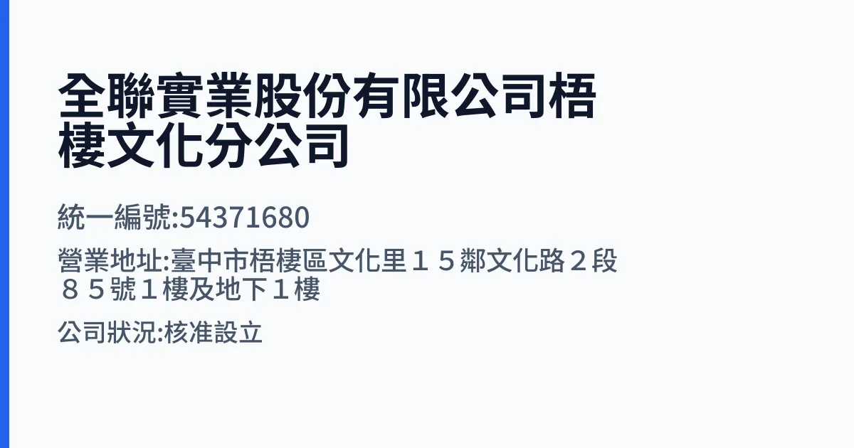 全聯實業股份有限公司梧棲文化分公司 - 統編 54371680(臺中市) 公司登記資料與營業項目詳細圖表