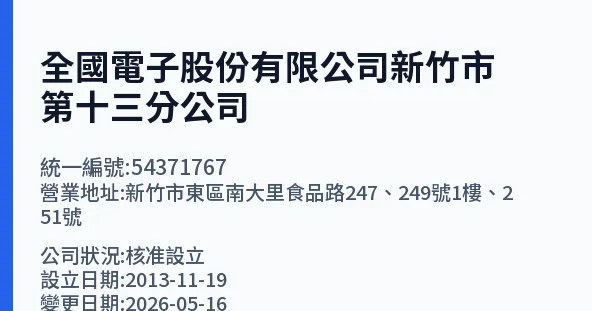 全國電子股份有限公司新竹市第十三分公司的照片-統編 54371767(新竹市) 公司登記資料與營業項目詳細圖表