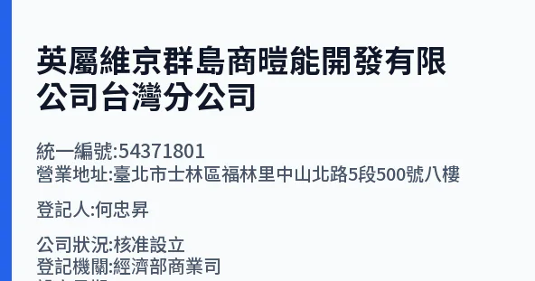 英屬維京群島商暟能開發有限公司台灣分公司的照片-統編 54371801(臺北市) 公司登記資料與營業項目詳細圖表
